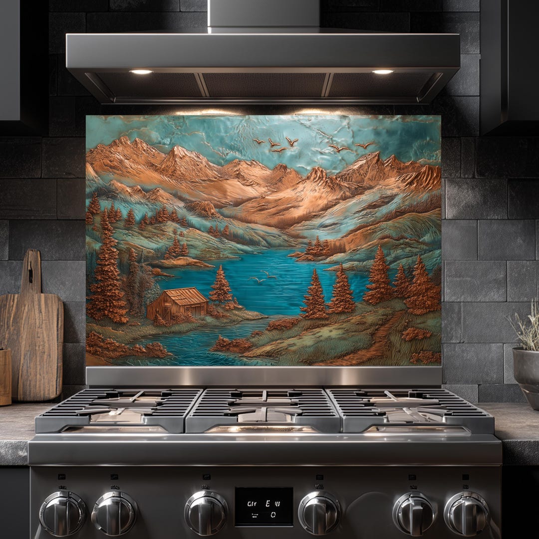 Copper Embossed Mountain Lake Backsplash - Rustic Lodge Tempered Glass ...