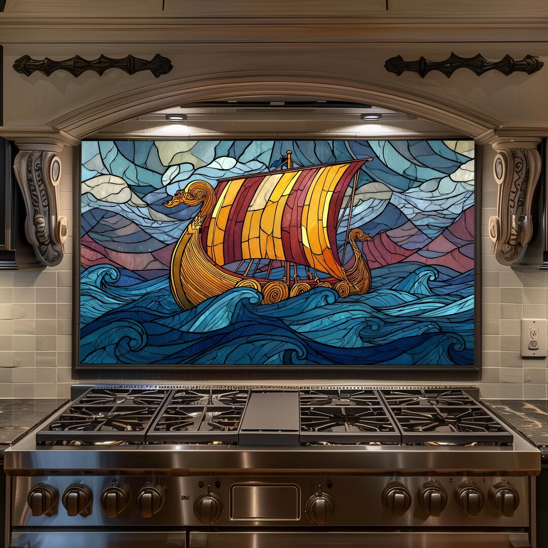 Viking Ship Stained Glass Kitchen Backsplash: Tempered Glass Art - Etsy