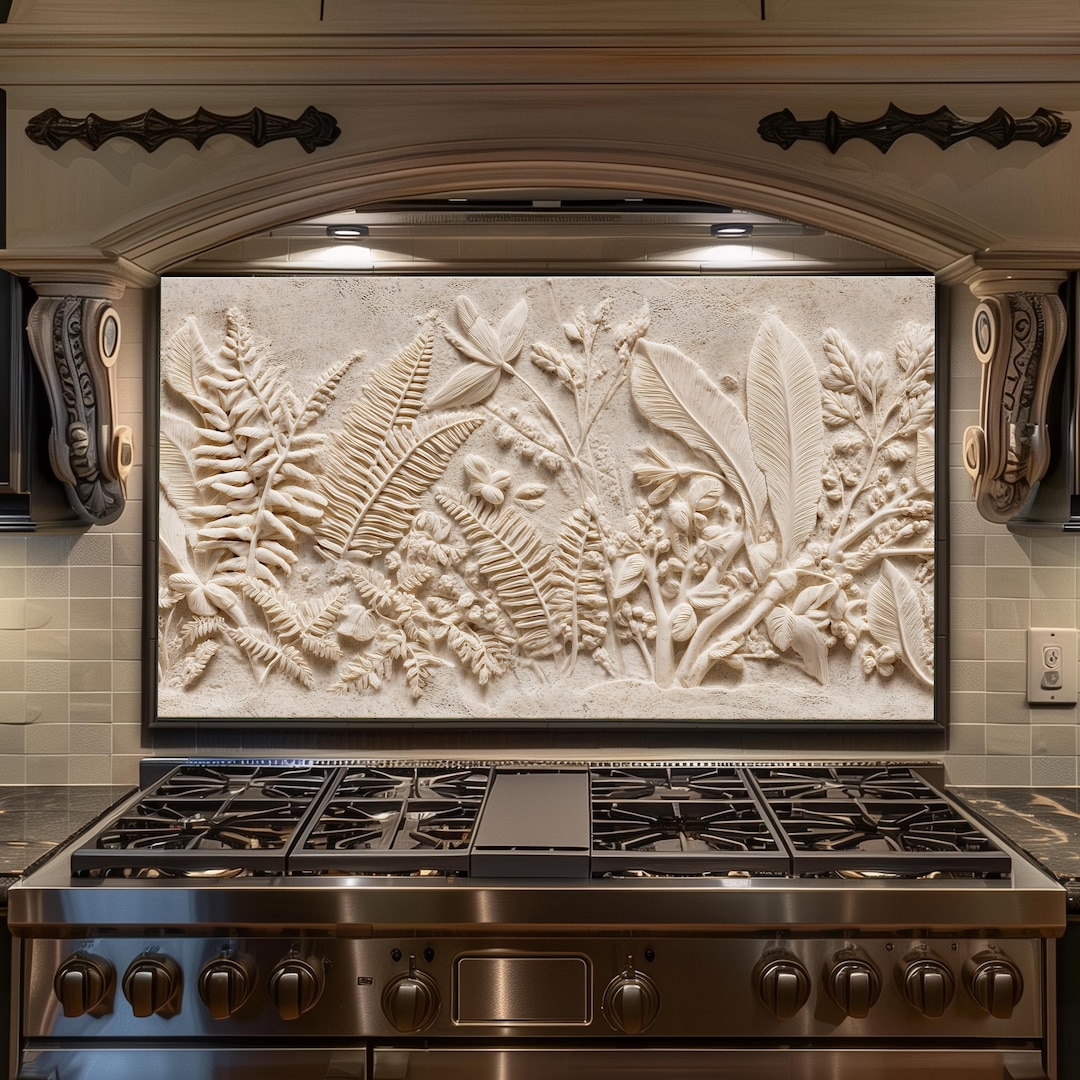 Botanical Relief Backsplash – Tropical Leaf Glass Backsplash for ...
