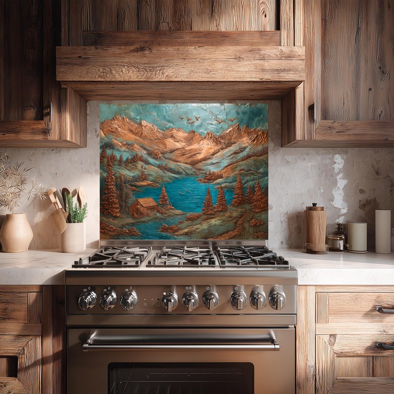 Copper Embossed Mountain Lake Backsplash - Rustic Lodge Tempered Glass ...