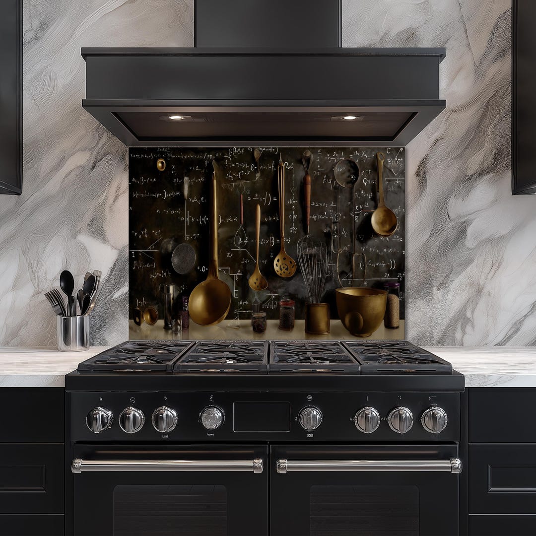 Golden Kitchen Tools Art Backsplash – Modern Glass Splashback, Chef ...