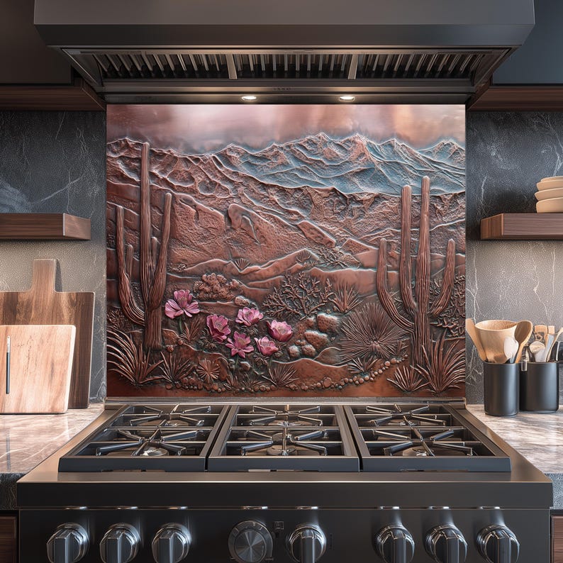 Copper Desert Landscape Glass Backsplash: Southwestern Kitchen Wall Art ...