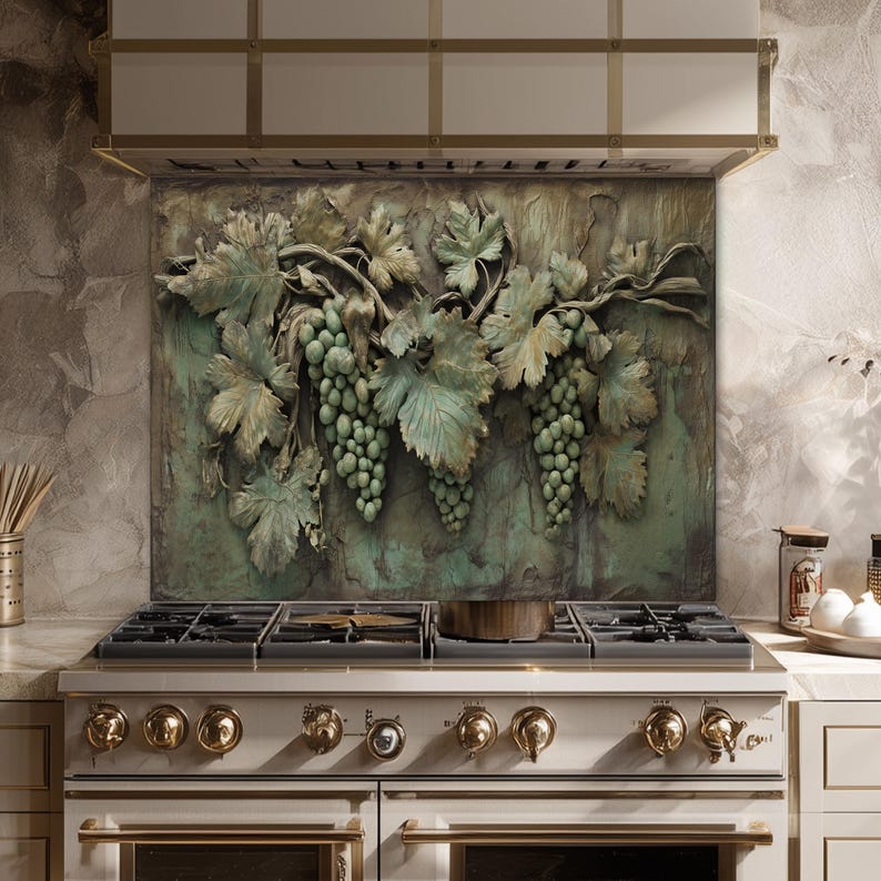 Grapevine & Vineyard Glass Backsplash, Tuscan Wine Cellar Art | Faux ...