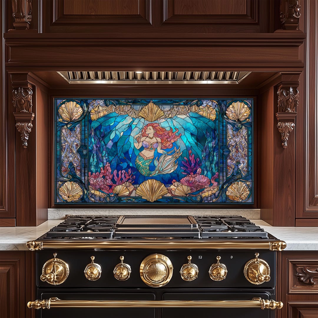 Mermaid Stained Glass Backsplash - Ocean Coastal Kitchen Splashback ...