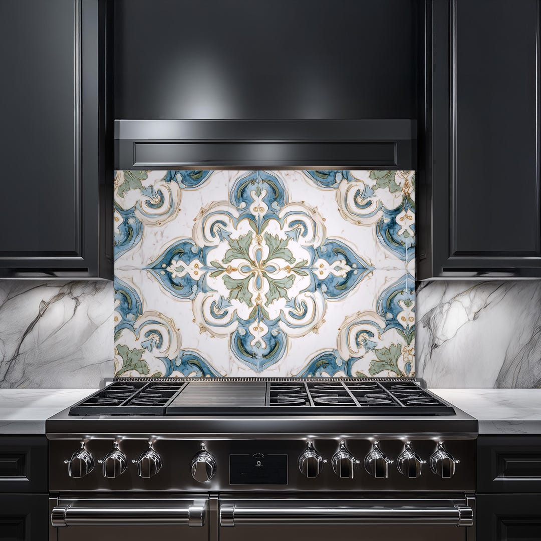 Mediterranean Tile Tempered Glass Backsplash – Blue & Green Kitchen ...