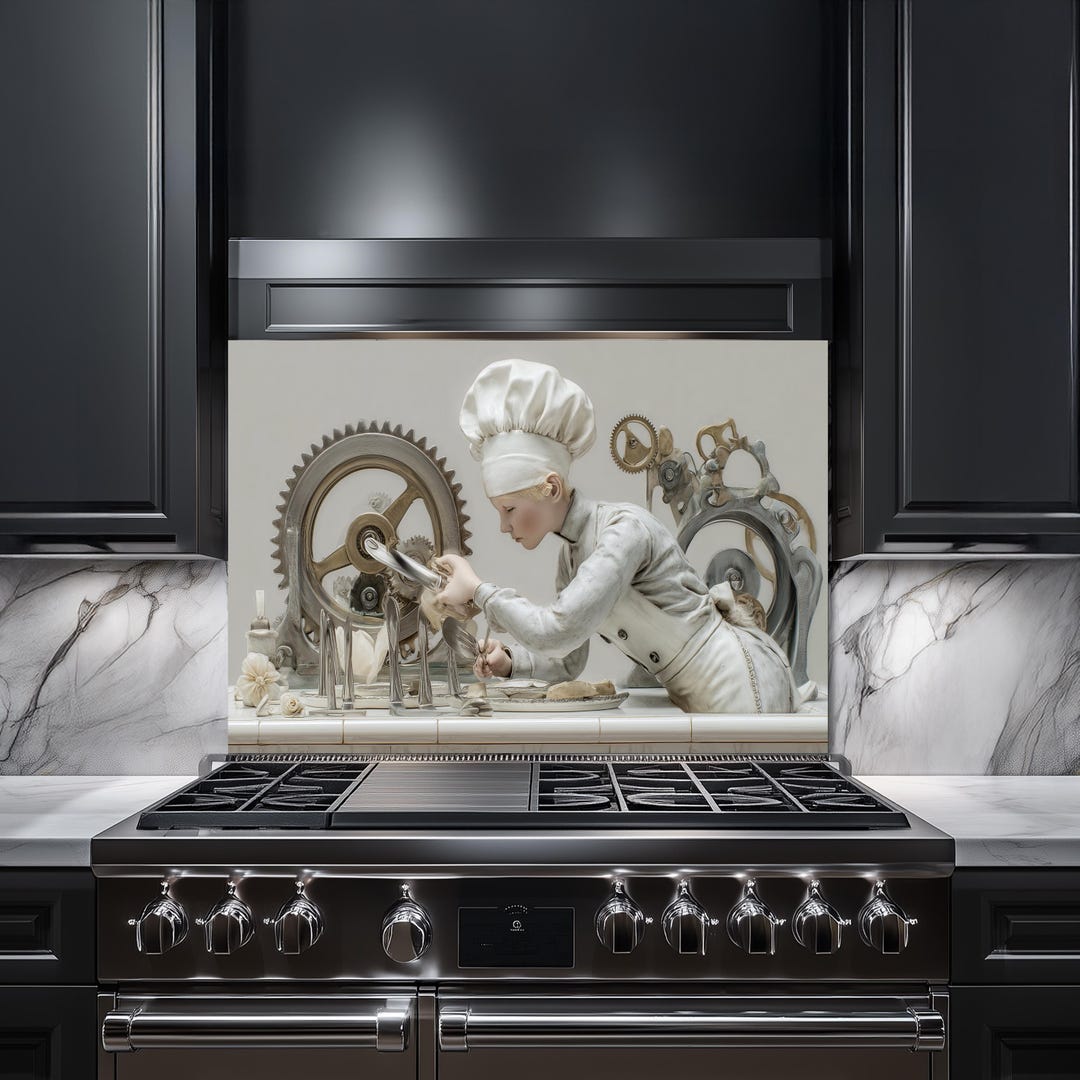 Steampunk Chef Girl Kitchen Backsplash - Futuristic Glass Splashback ...