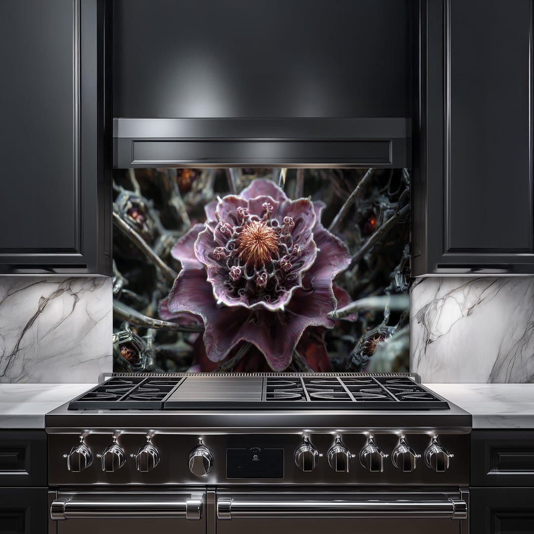 Mechanical Blossom Kitchen Backsplash - Futuristic Flower Glass ...