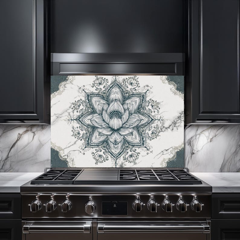 Tempered Glass Backsplash, Black Gold Lotus Flower, Luxury Marble ...