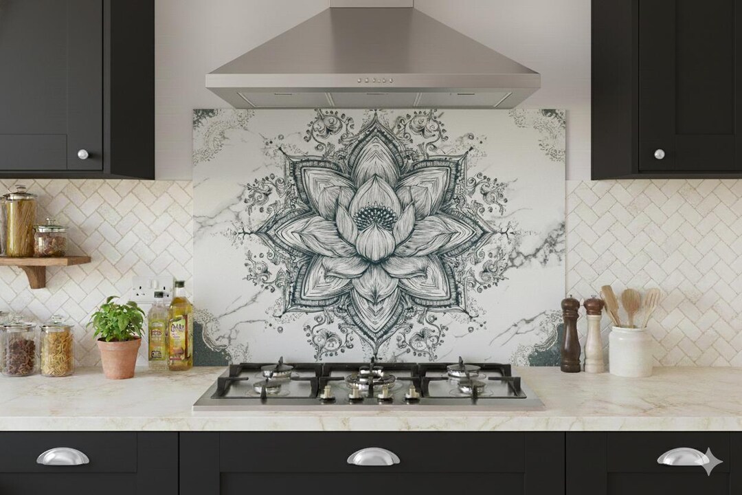 Tempered Glass Backsplash, Black Gold Lotus Flower, Luxury Marble ...