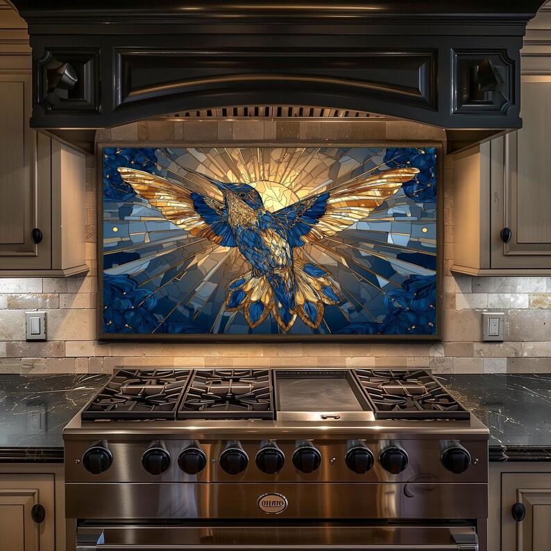 Blue & Gold Hummingbird Stained Glass Backsplash - Tempered Glass ...