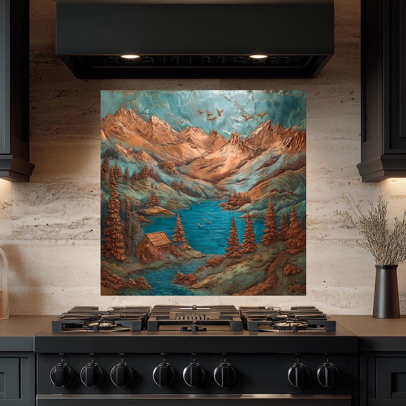 Copper Embossed Mountain Lake Backsplash - Rustic Lodge Tempered Glass ...