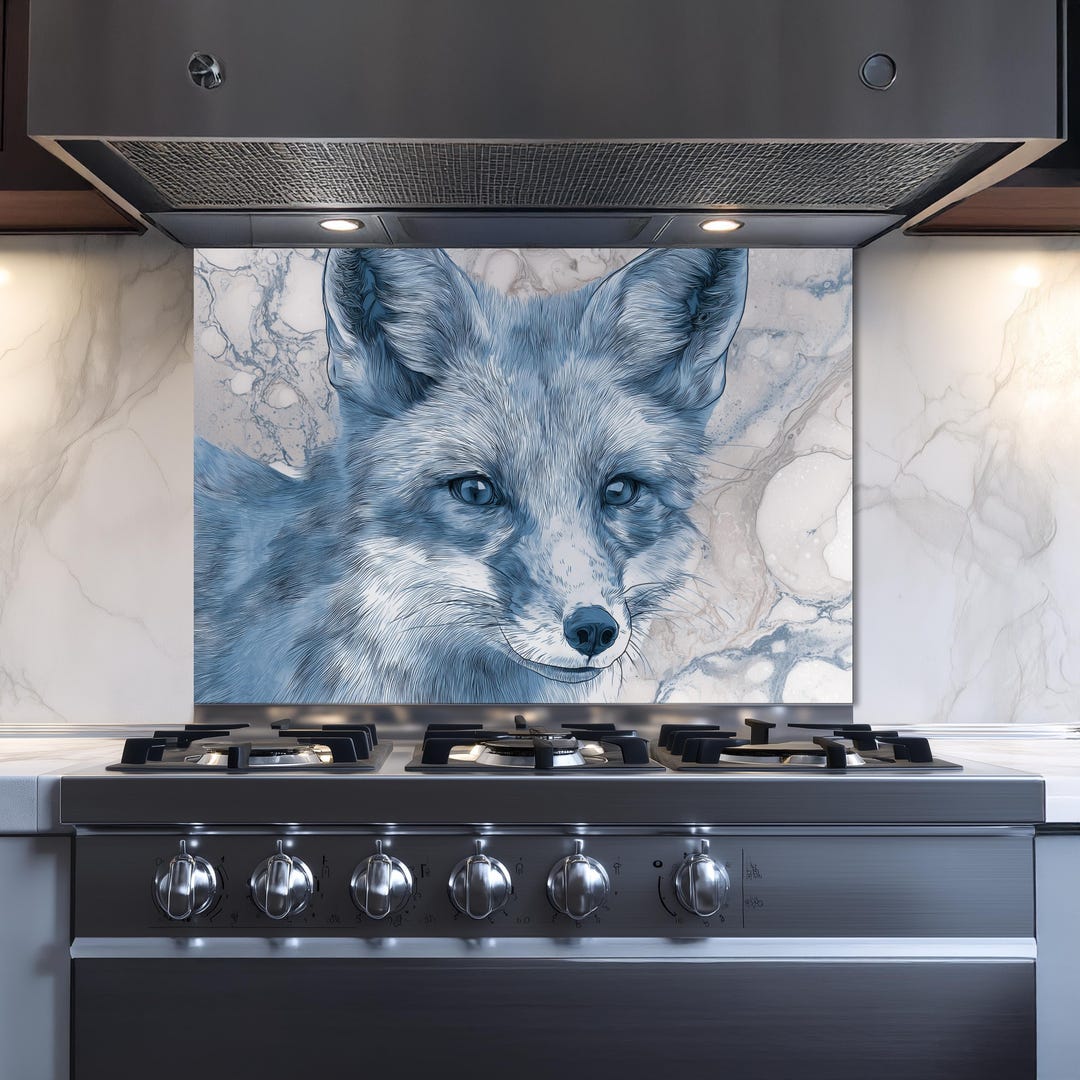 Blue Fox Glass Backsplash – Modern Animal Art Tempered Glass Kitchen ...