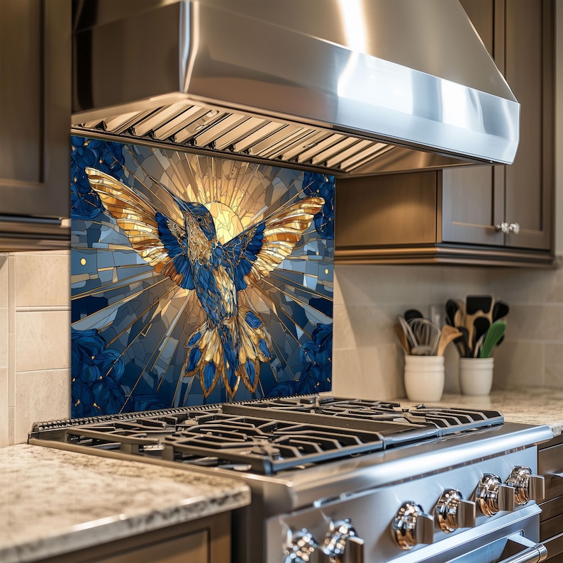 Blue & Gold Hummingbird Stained Glass Backsplash - Tempered Glass ...
