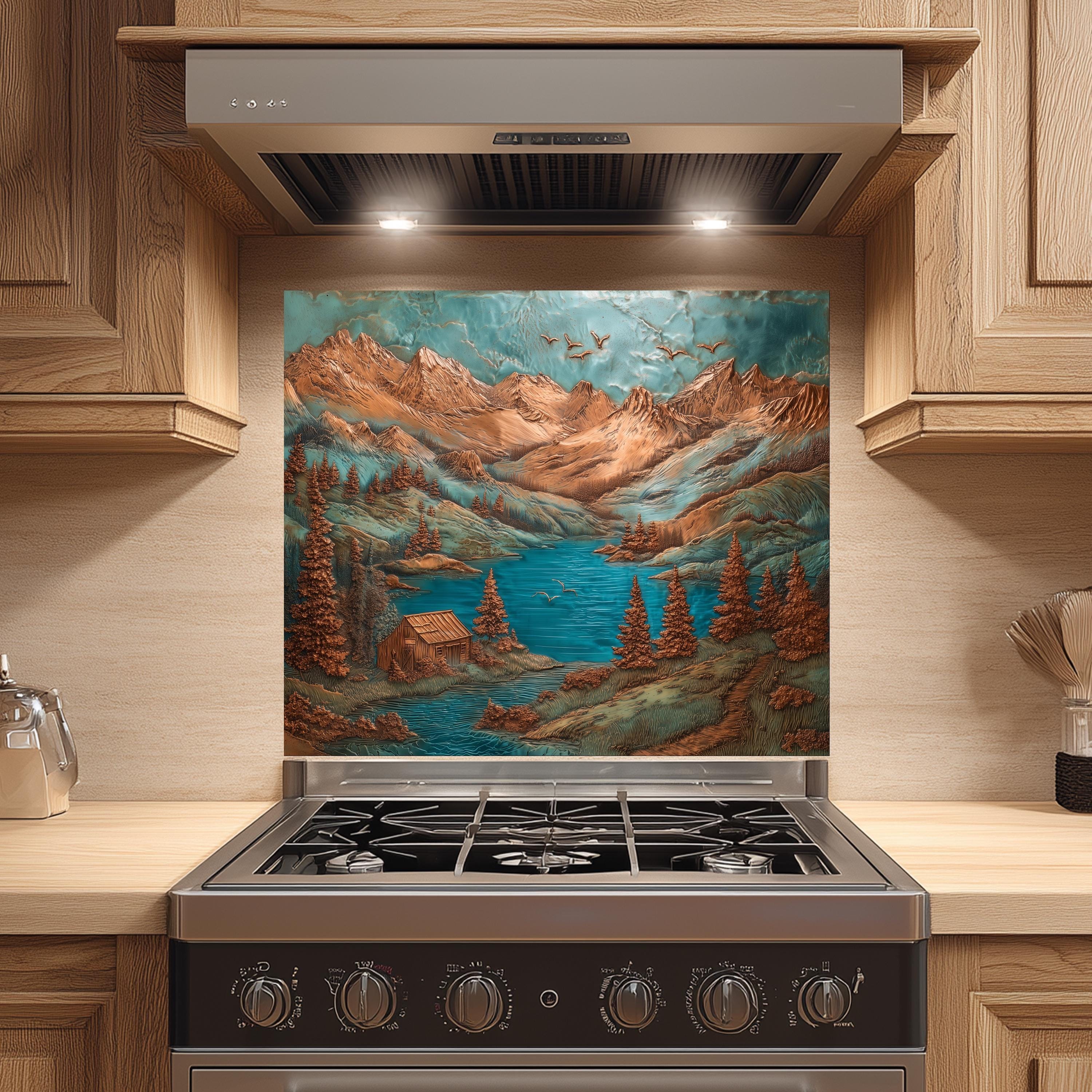 Copper Embossed Mountain Lake Backsplash - Rustic Lodge Tempered Glass ...