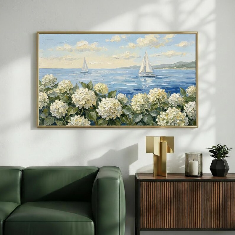 Nantucket Hydrangeas Sailboats Frame TV Art | Coastal Oil Painting ...