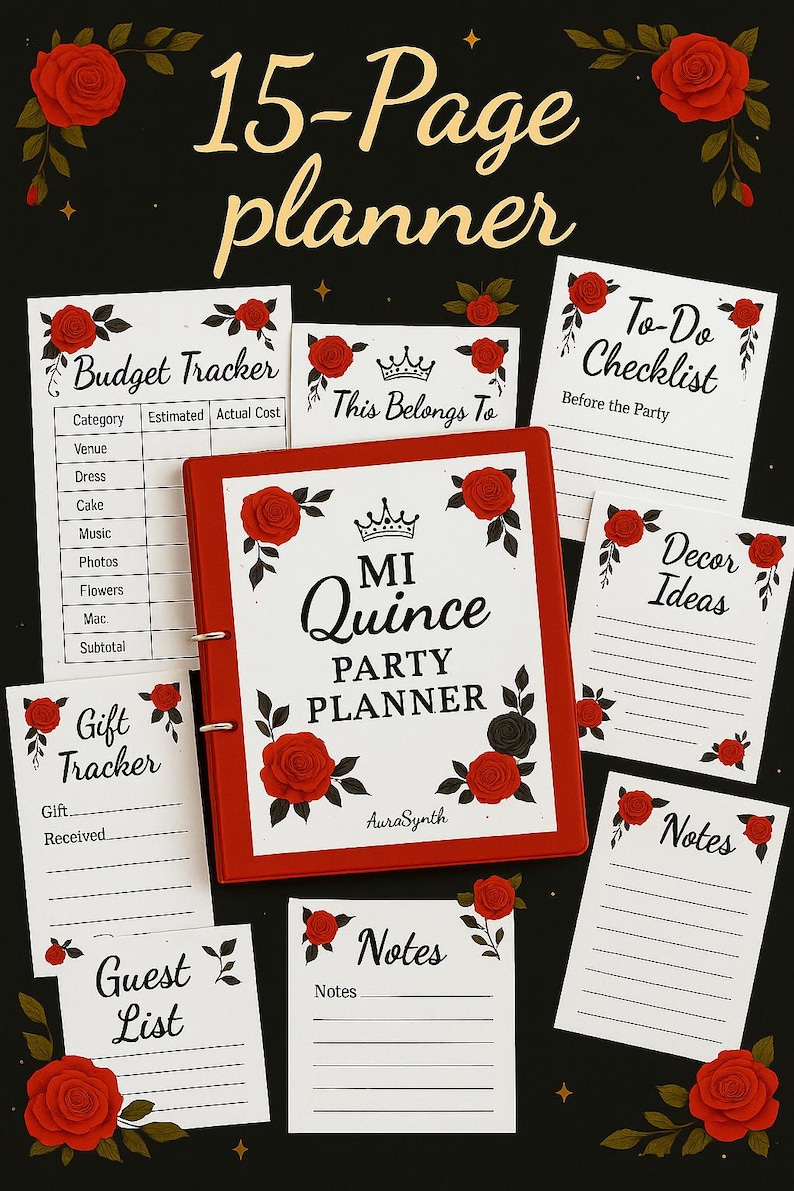 Quinceañera Party Planner Printable: Red & Black Rose Theme (PDF ...