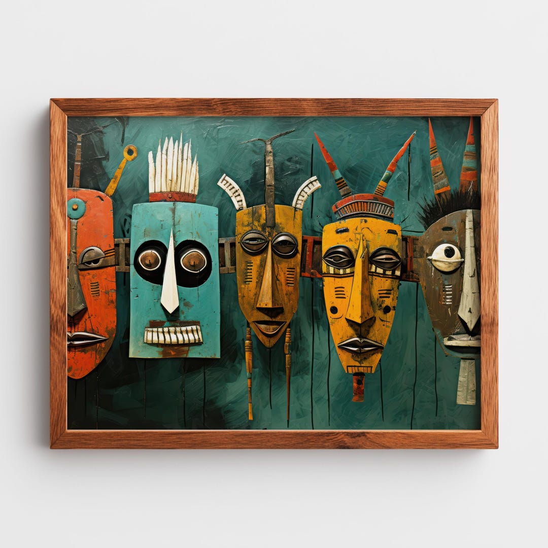 Rustic Ancestral Masks Printable Wall Art - Moody Folk Art Painting ...