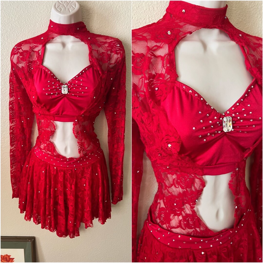 Gorgeous Fire Red Lace Rhinestone Dance Costume - Etsy