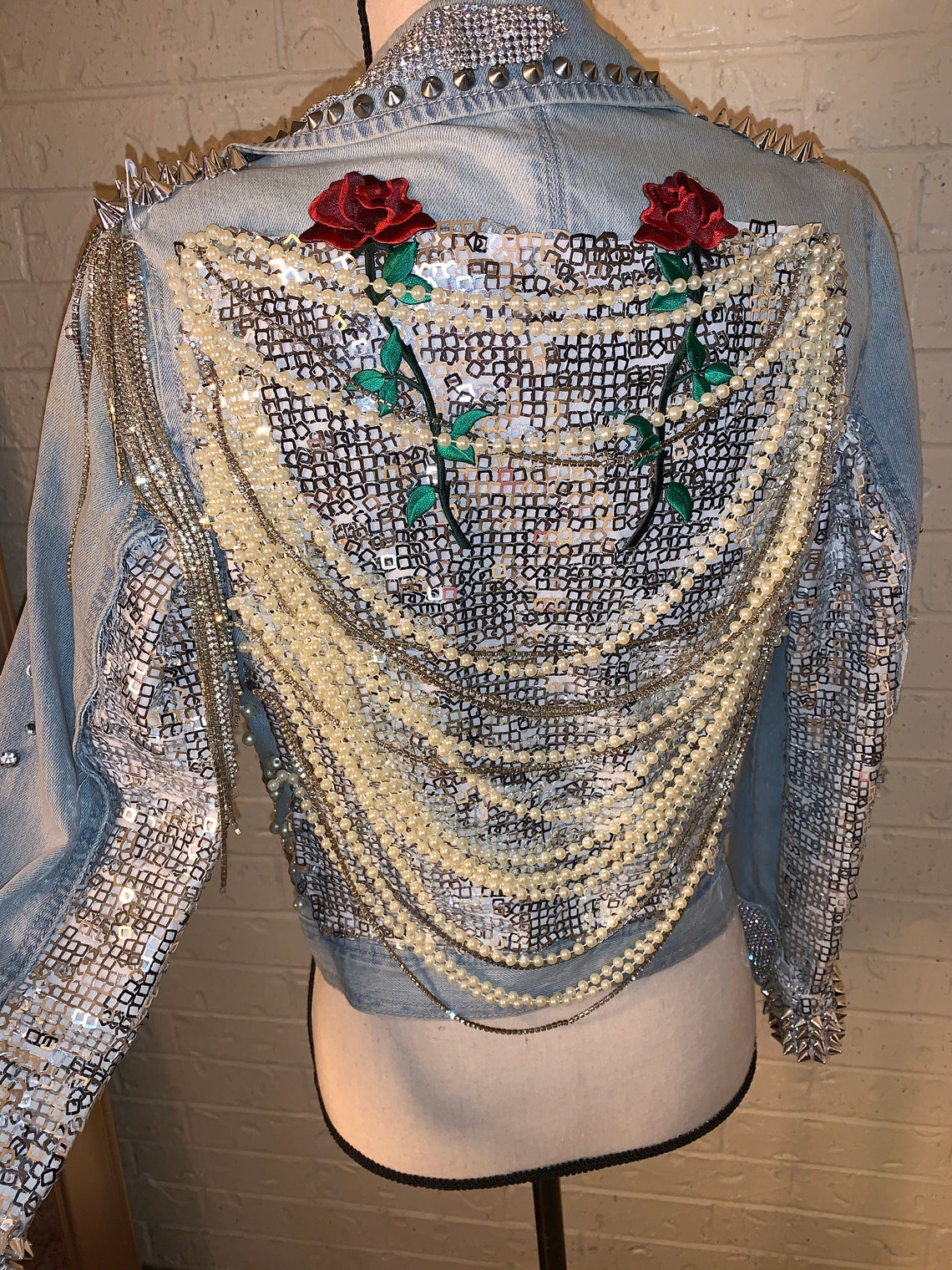Bedazzled Bling Rhinestone Sequins Pearl Roses Denim Jacket - Etsy
