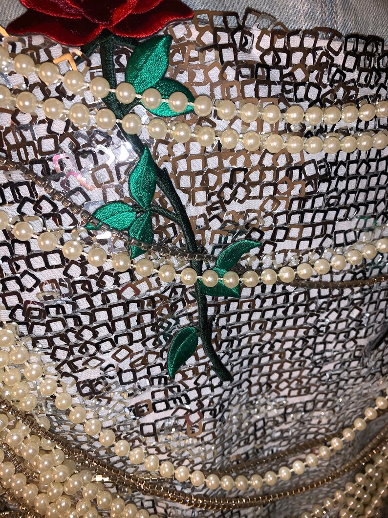 Bedazzled Bling Rhinestone Sequins Pearl Roses Denim Jacket - Etsy