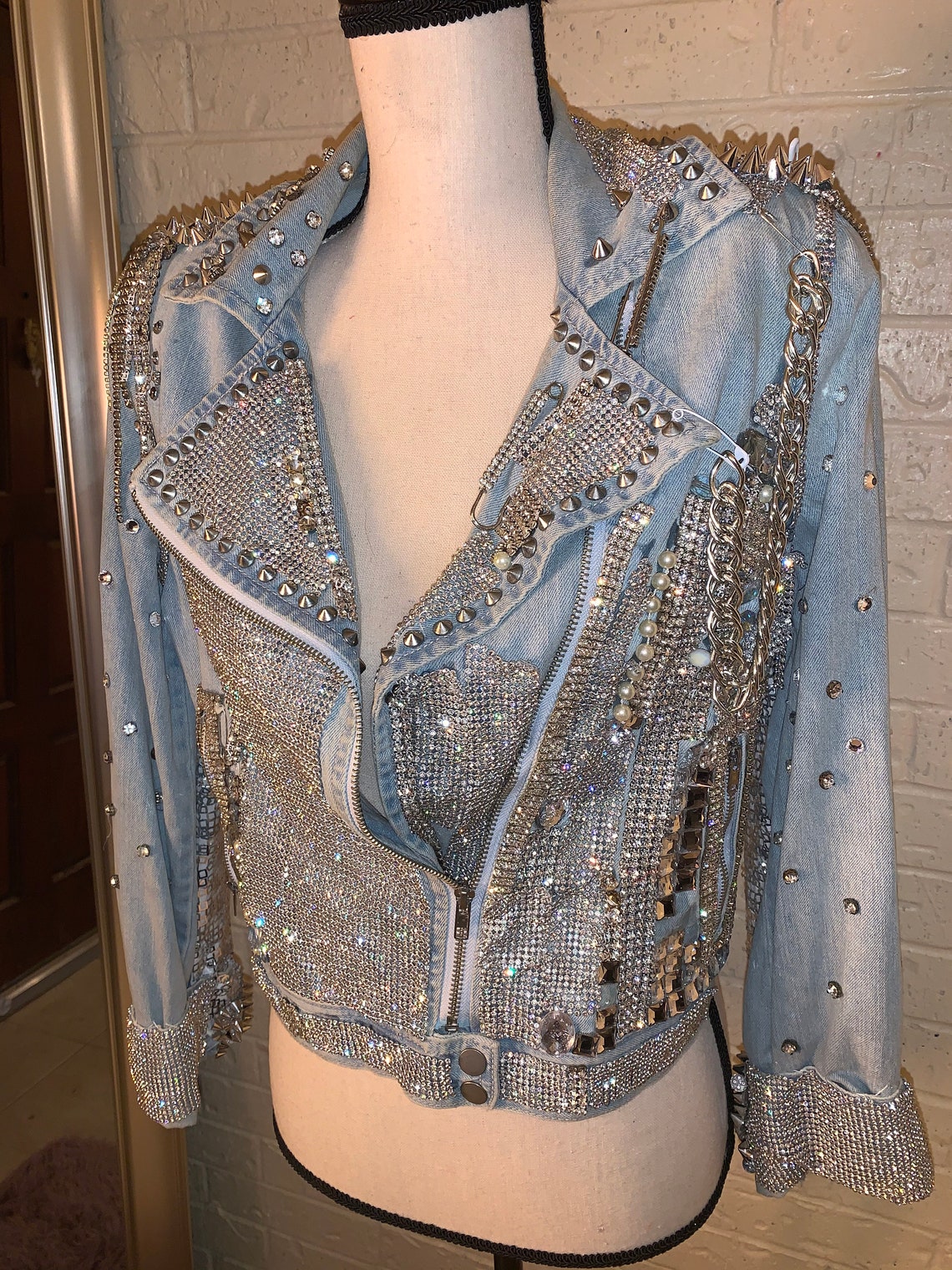 Bedazzled Bling Rhinestone Sequins Pearl Roses Denim Jacket - Etsy