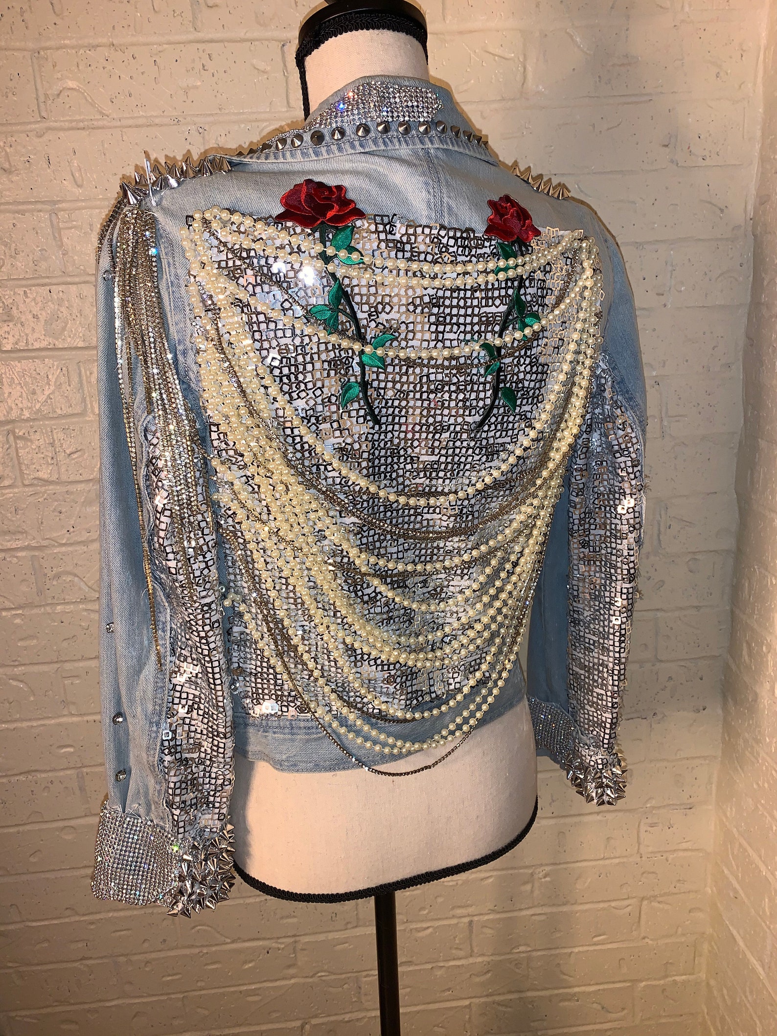 Bedazzled Bling Rhinestone Sequins Pearl Roses Denim Jacket - Etsy