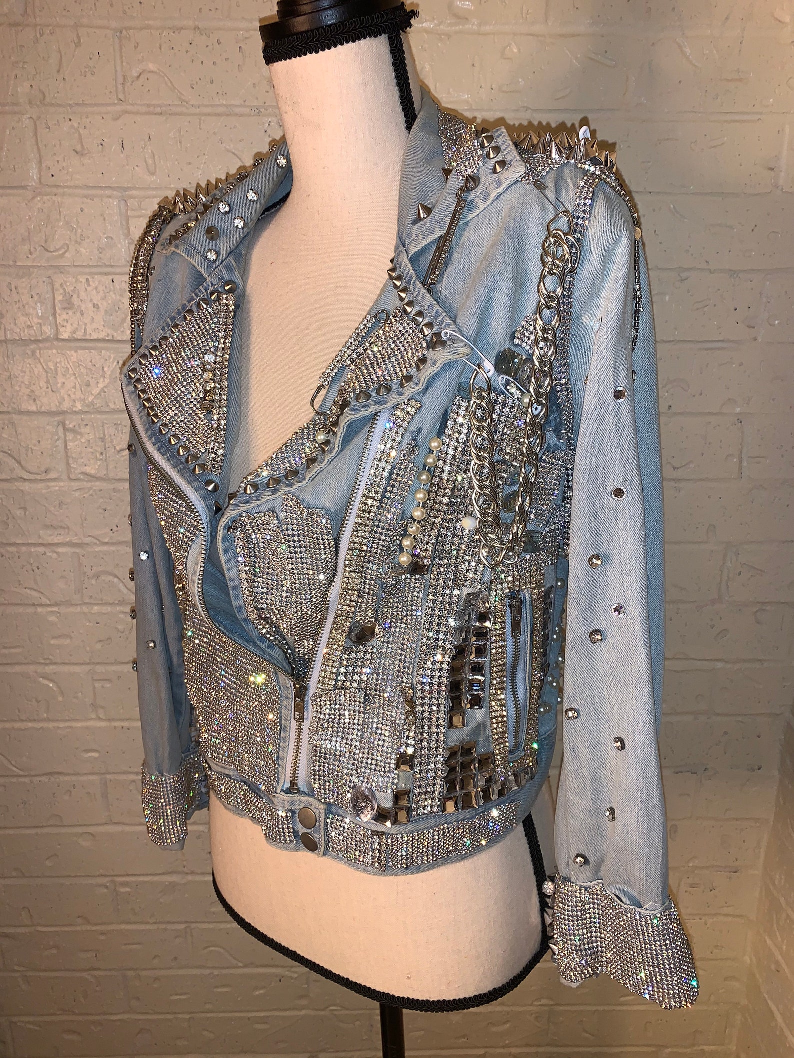 Bedazzled Bling Rhinestone Sequins Pearl Roses Denim Jacket - Etsy