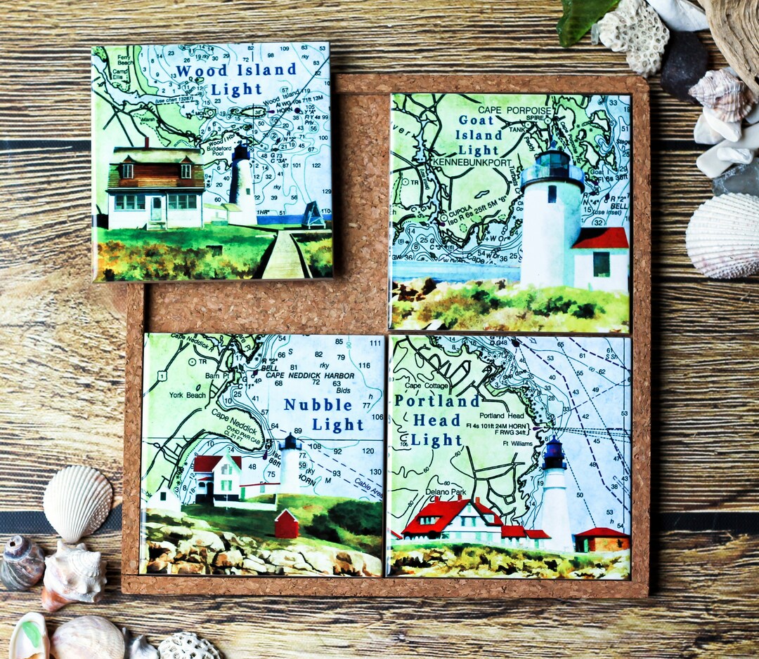 Maine Lighthouse, Map Coasters, Nautical Home Decor, Beach House Decor ...