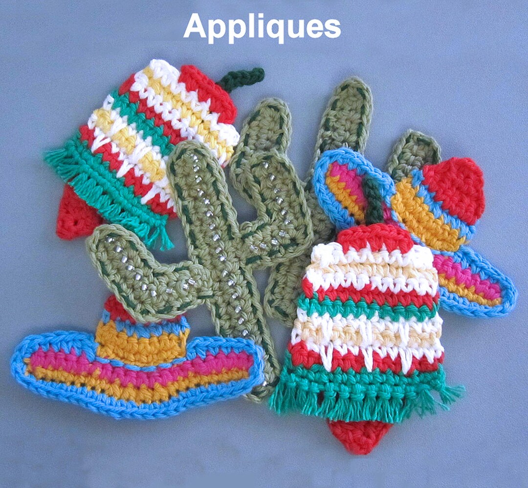 South of the Border Crochet Applique Patterns, Cactus, Hot Pepper ...
