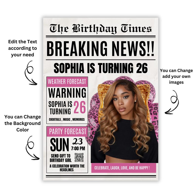 Canva Birthday Newspaper Template, Birthday Party Announcement, Custom ...