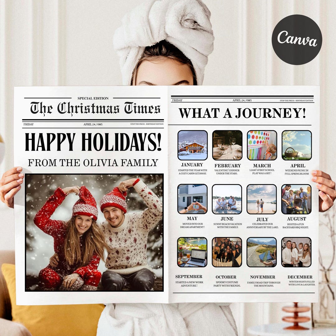 Editable Year in Review Christmas Card, Modern Newspaper Template, Holiday Photo Collage ...