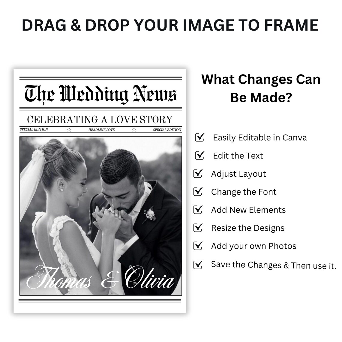 Wedding Newspaper Template With Photo, Save the Date Newspaper Canva ...