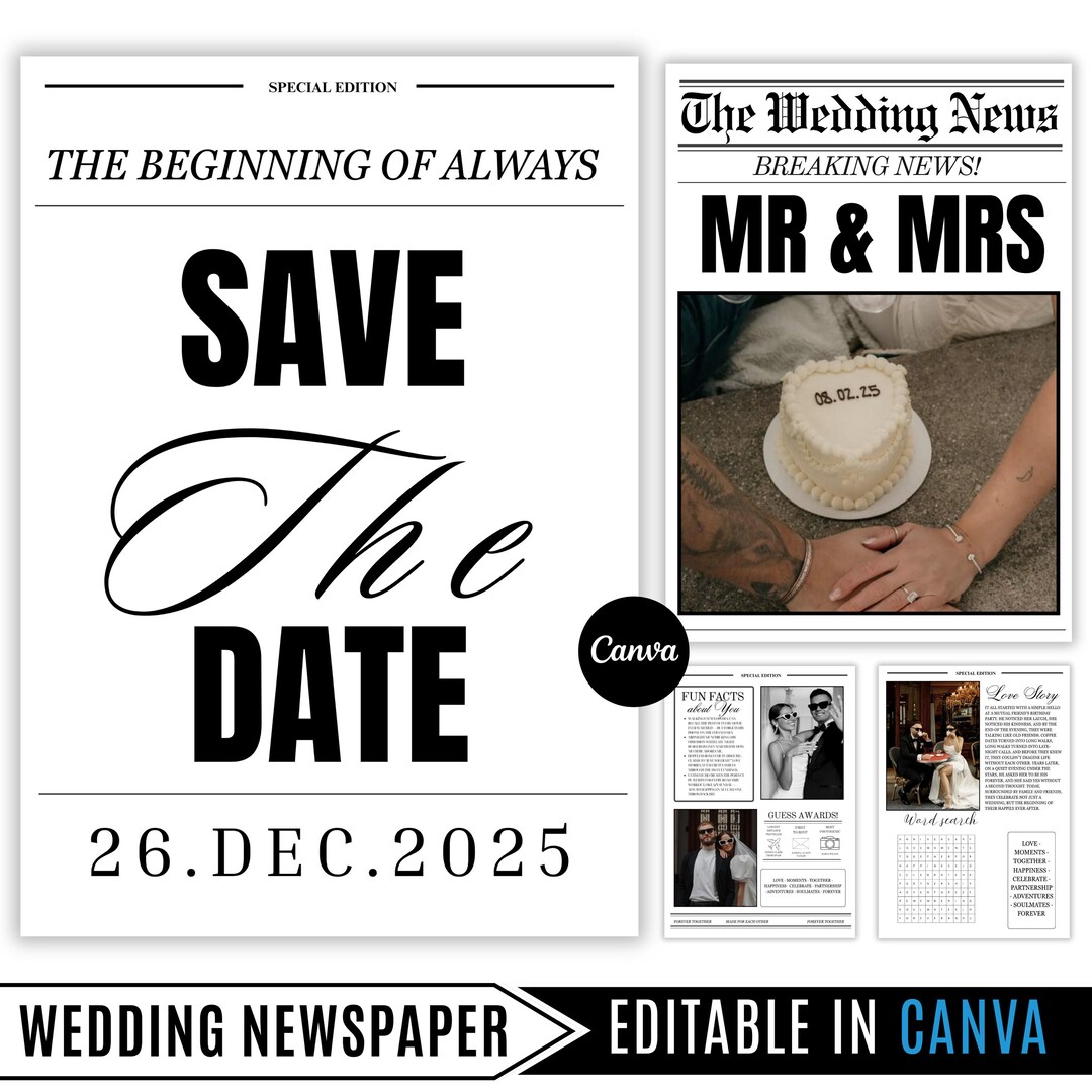 Printable Save the Date Newspaper Template – Modern Wedding Newspaper ...