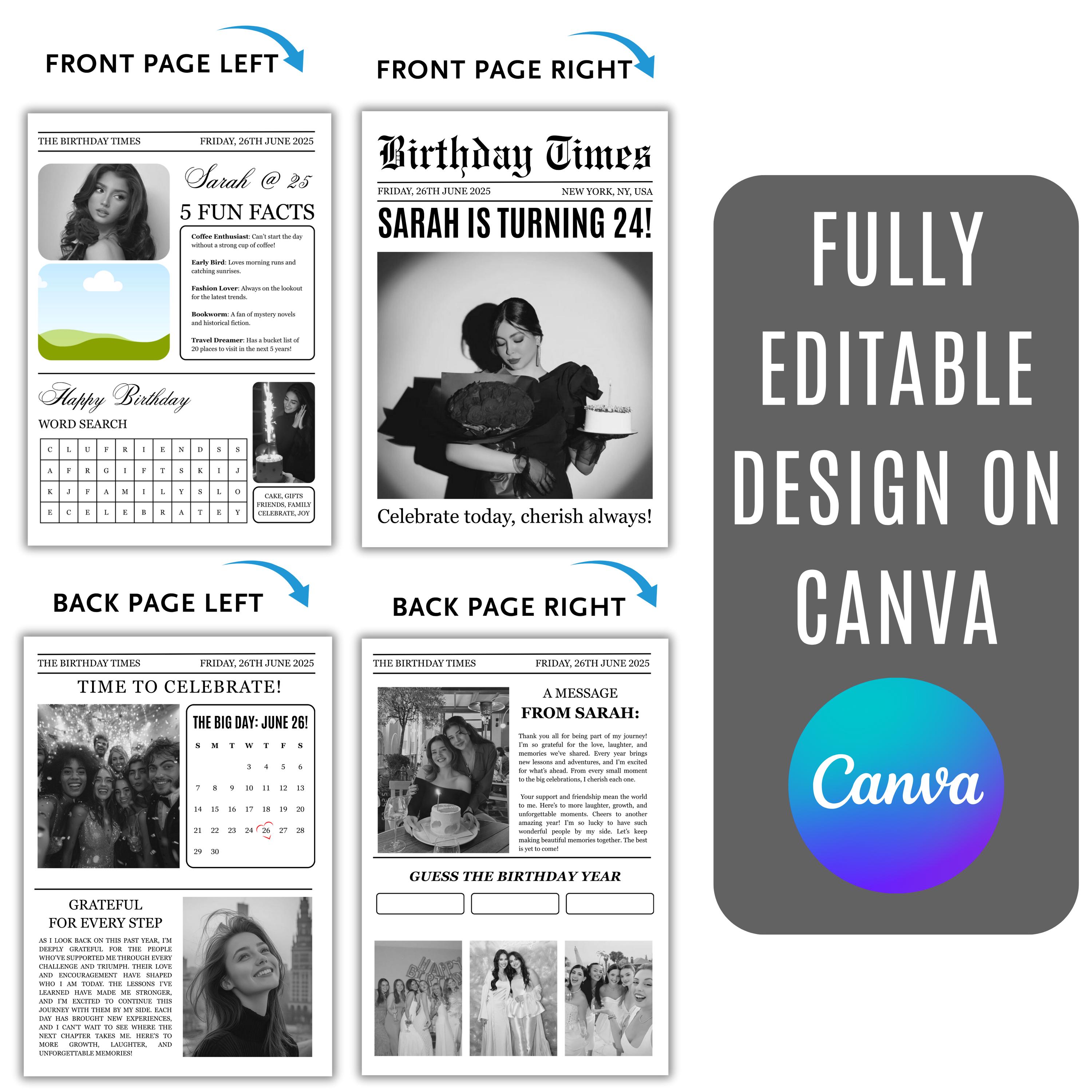 Birthday Feature Newspaper Template, Editable Canva Party Page Design ...