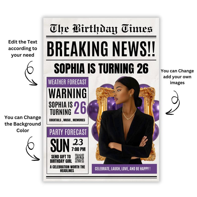 Birthday Newspaper Template, Editable Party Announcement, Customizable ...
