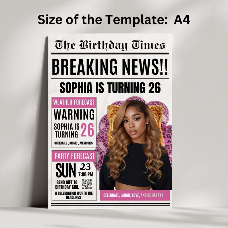 Canva Birthday Newspaper Template, Birthday Party Announcement, Custom ...