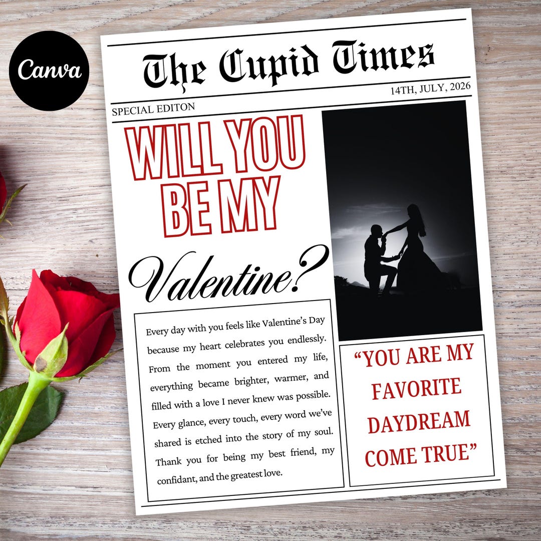 Valentine’s Cupid Post Newspaper, Editable Canva Template, Printable ...