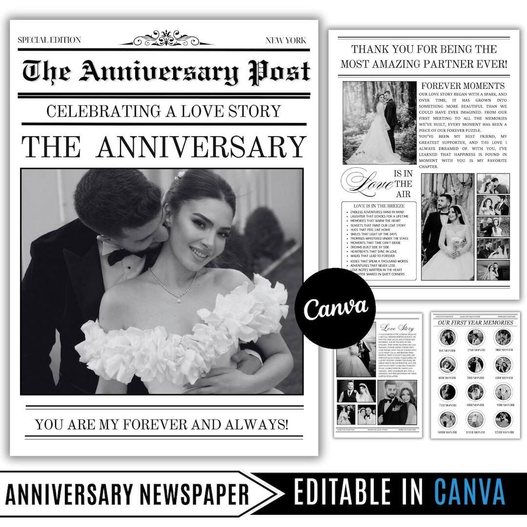 Anniversary Newspaper for Couples, Party Announcement, Canva Design ...