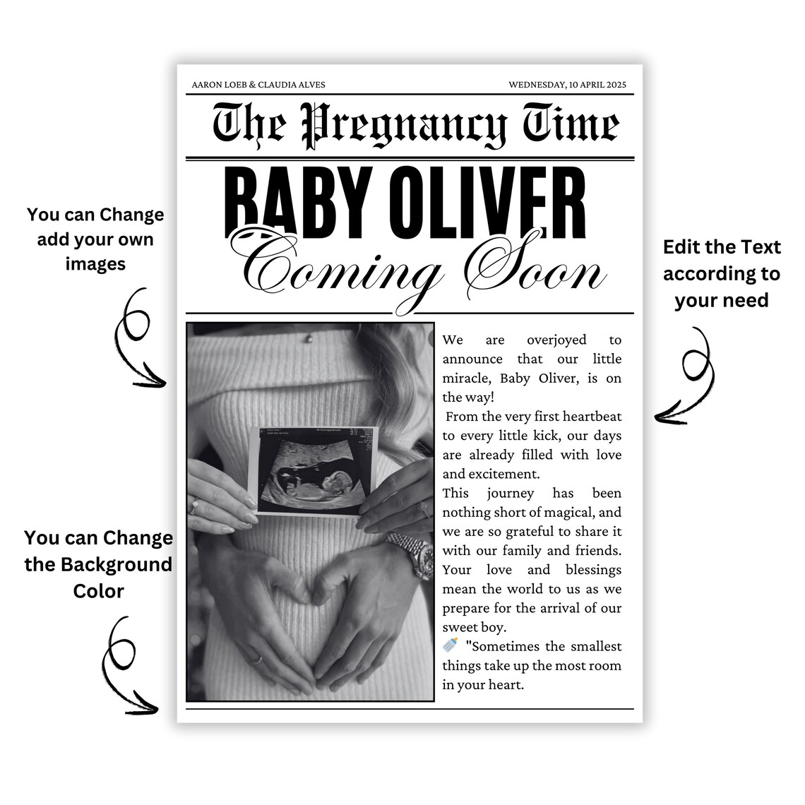 Editable Newspaper Pregnancy Announcement, Custom Baby Shower Newspaper ...