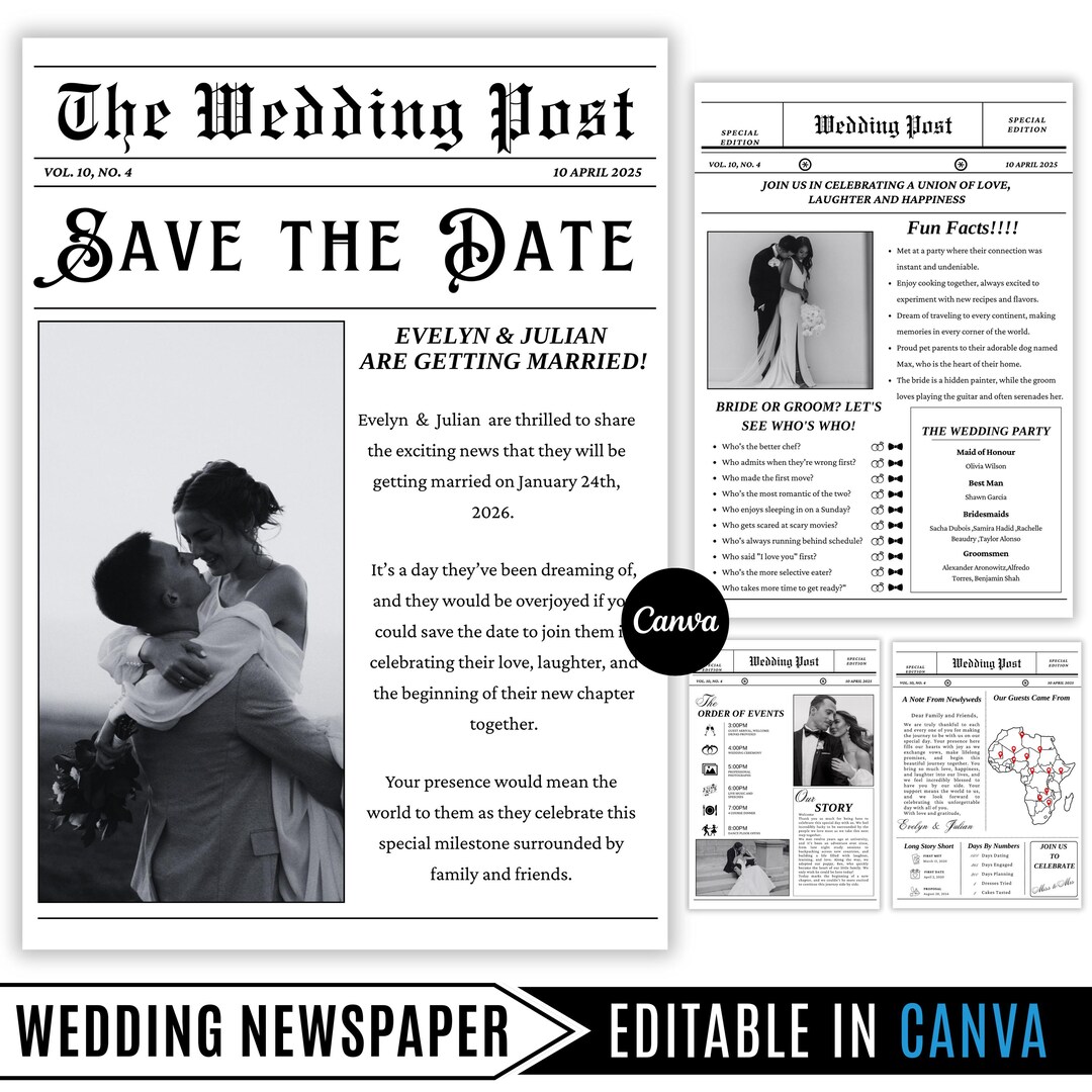 Wedding Newspaper Template With Photo, Editable Newlywed Times ...
