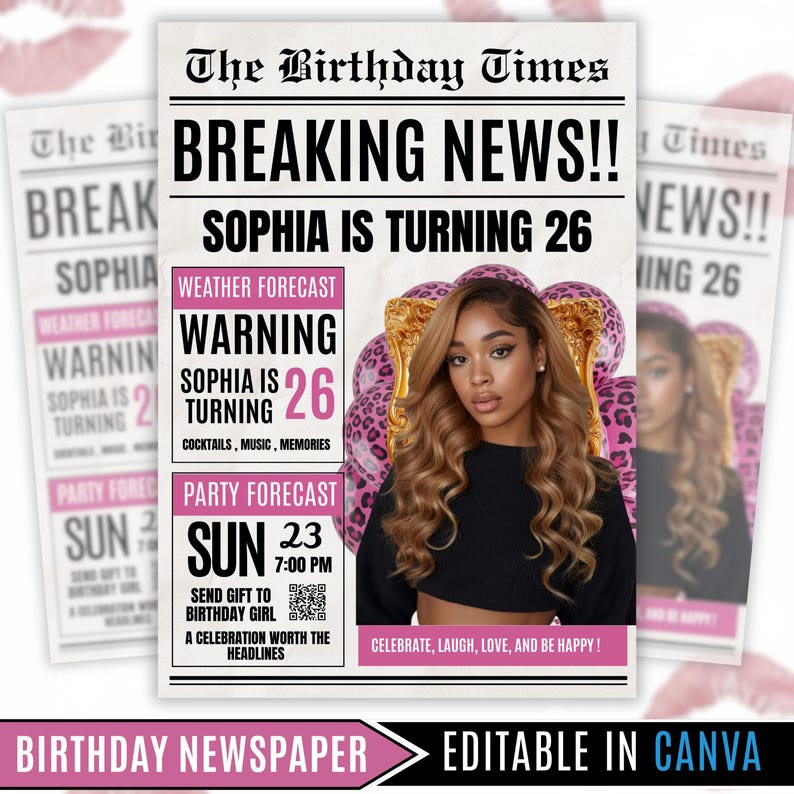Canva Birthday Newspaper Template, Birthday Party Announcement, Custom ...