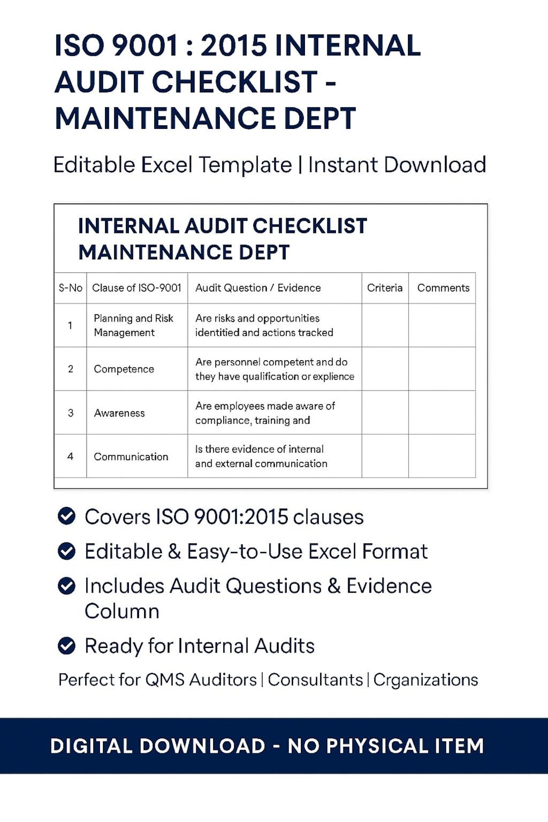 ISO 9001:2015 Internal Audit Checklist – Maintenance Department ...
