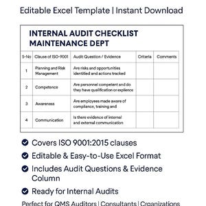 ISO 9001:2015 Internal Audit Checklist – Maintenance Department | Editable Excel Template | QMS ...