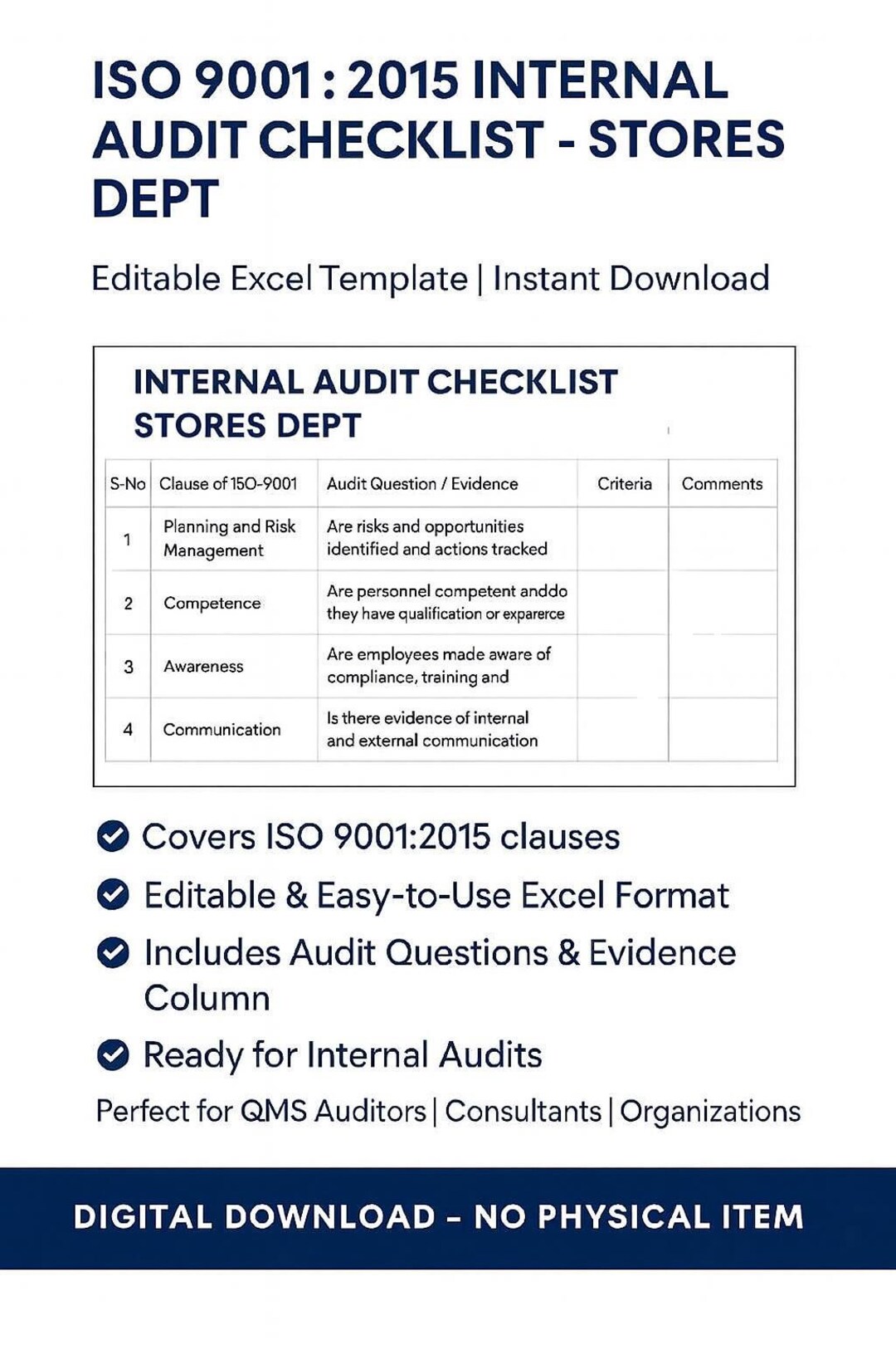 ISO 9001:2015 Internal Audit Checklist – Stores Department (editable ...