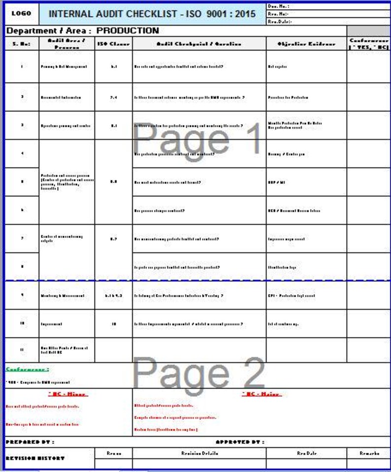 ISO 9001:2015 Internal Audit Checklist – Production Department | Editable Excel Template ...