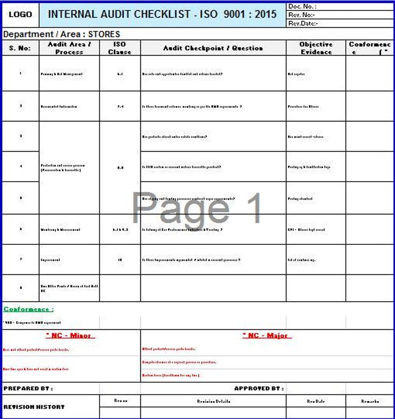 ISO 9001:2015 Internal Audit Checklist – Stores Department (editable ...