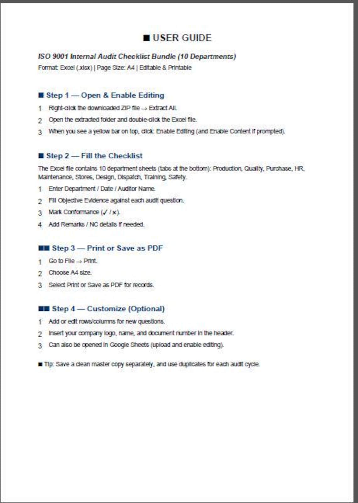 ISO 9001:2015 Internal Audit Checklist – Quality Department | Editable ...