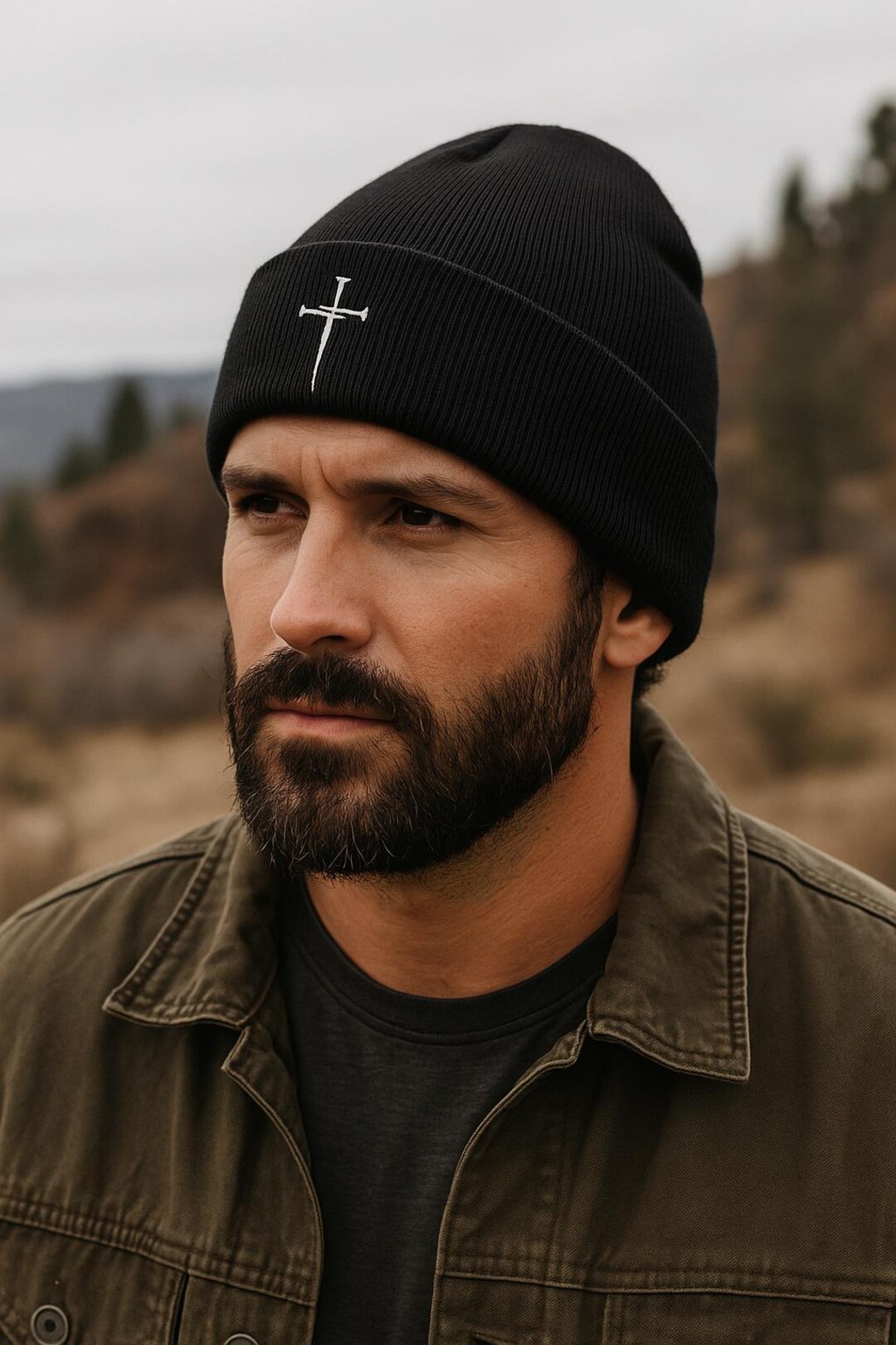 Embroidered Nail Cross Beanie, Christian Gift, Cozy Unisex Hat, Rugged ...