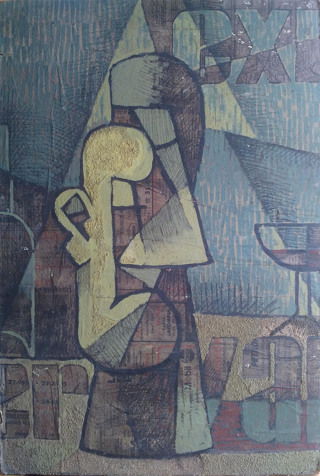 Cubist Still Life With Glass, Bottle and Head – Original 1995 Mixed ...