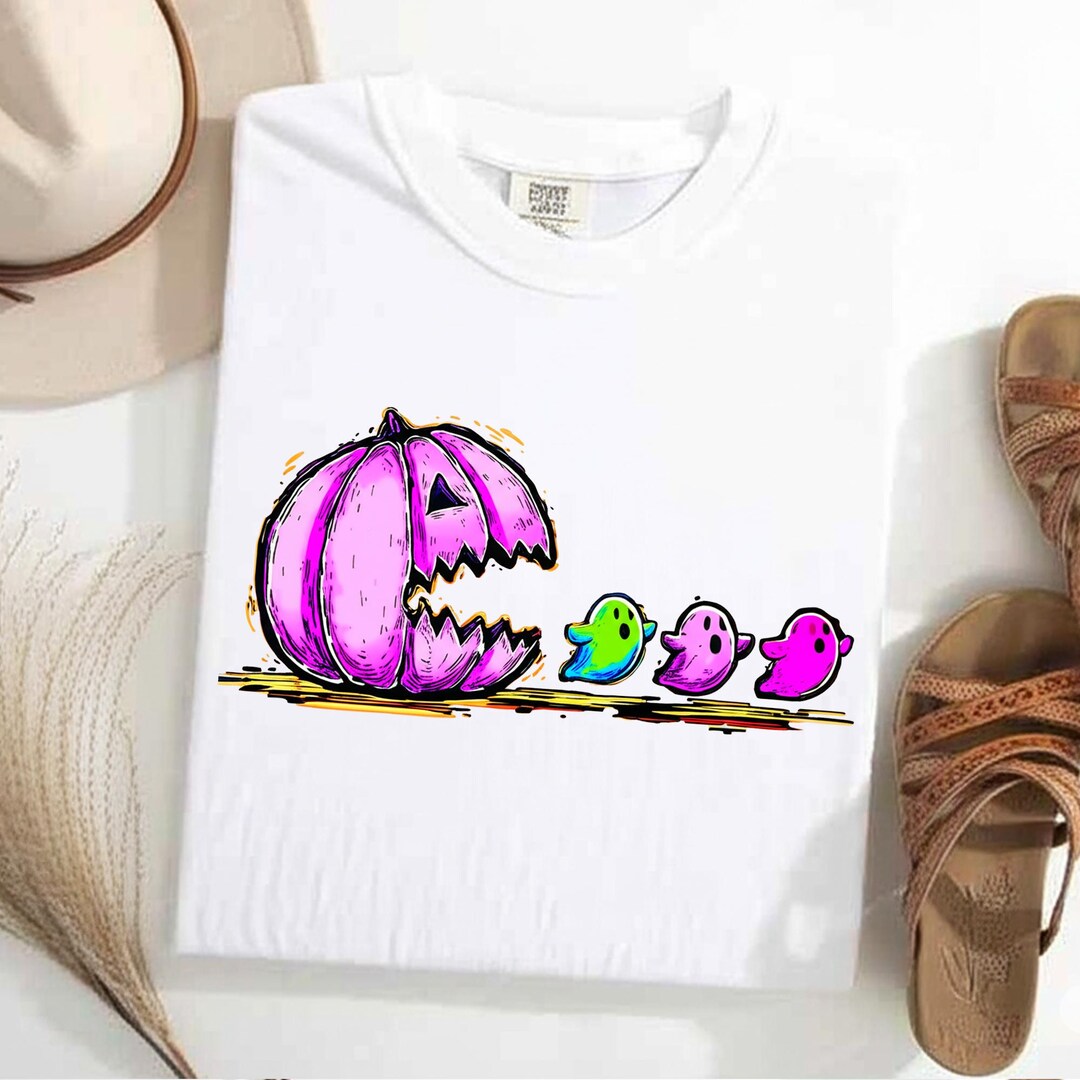 Retro Halloween Pumpkin Chasing Ghost Png, Neon Halloween Png, Spooky ...